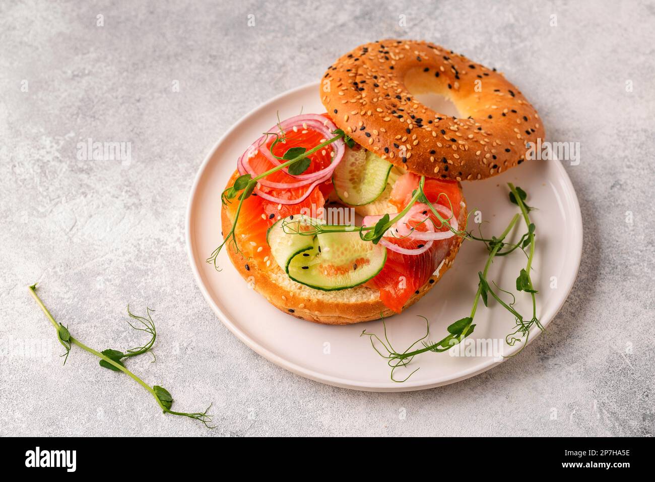 Bagel and salmon lox with cream cheese, cucumbers, onions and ...