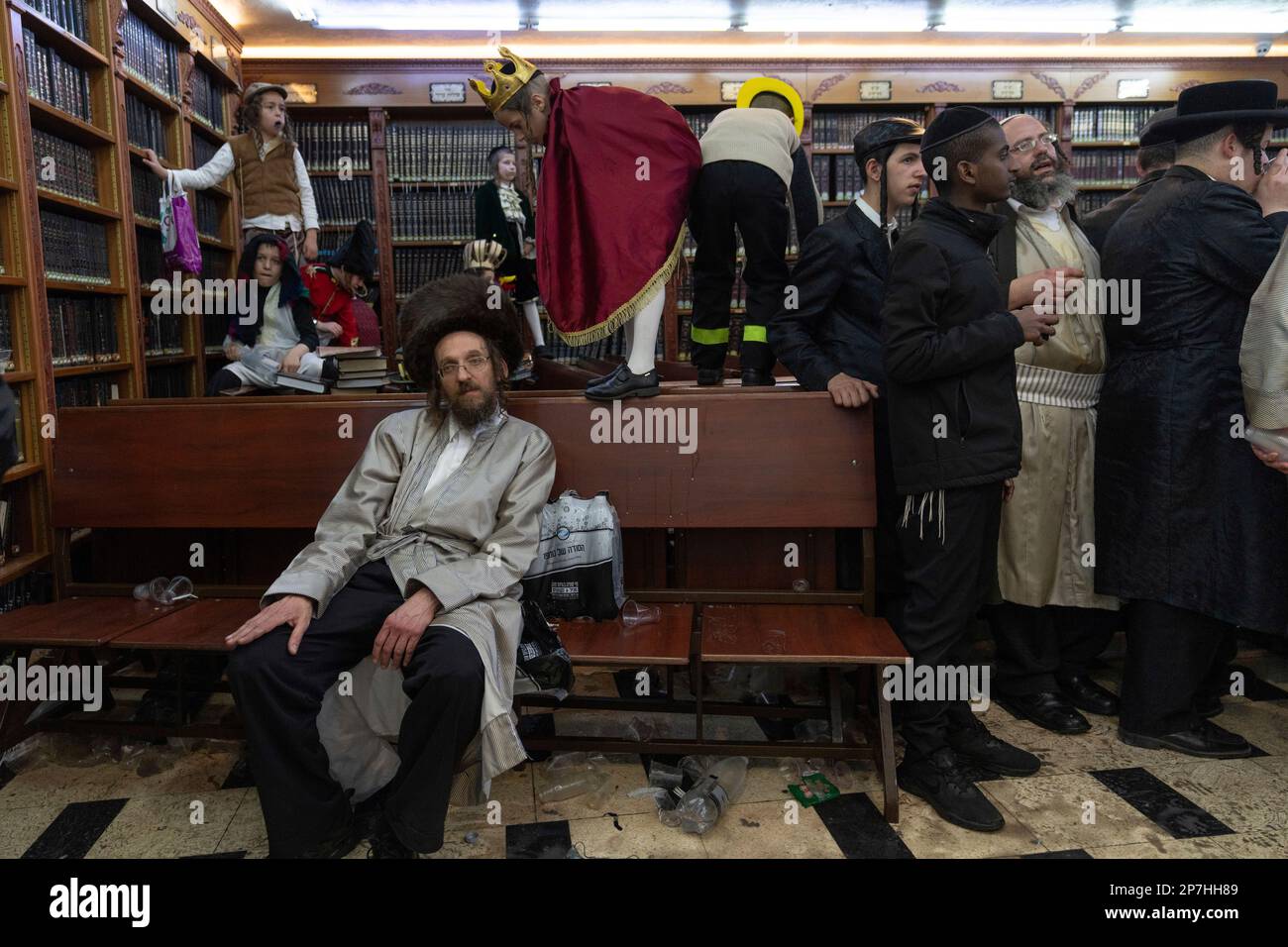 Ultra-Orthodox Jewish men and children some in costumes celebrate the ...