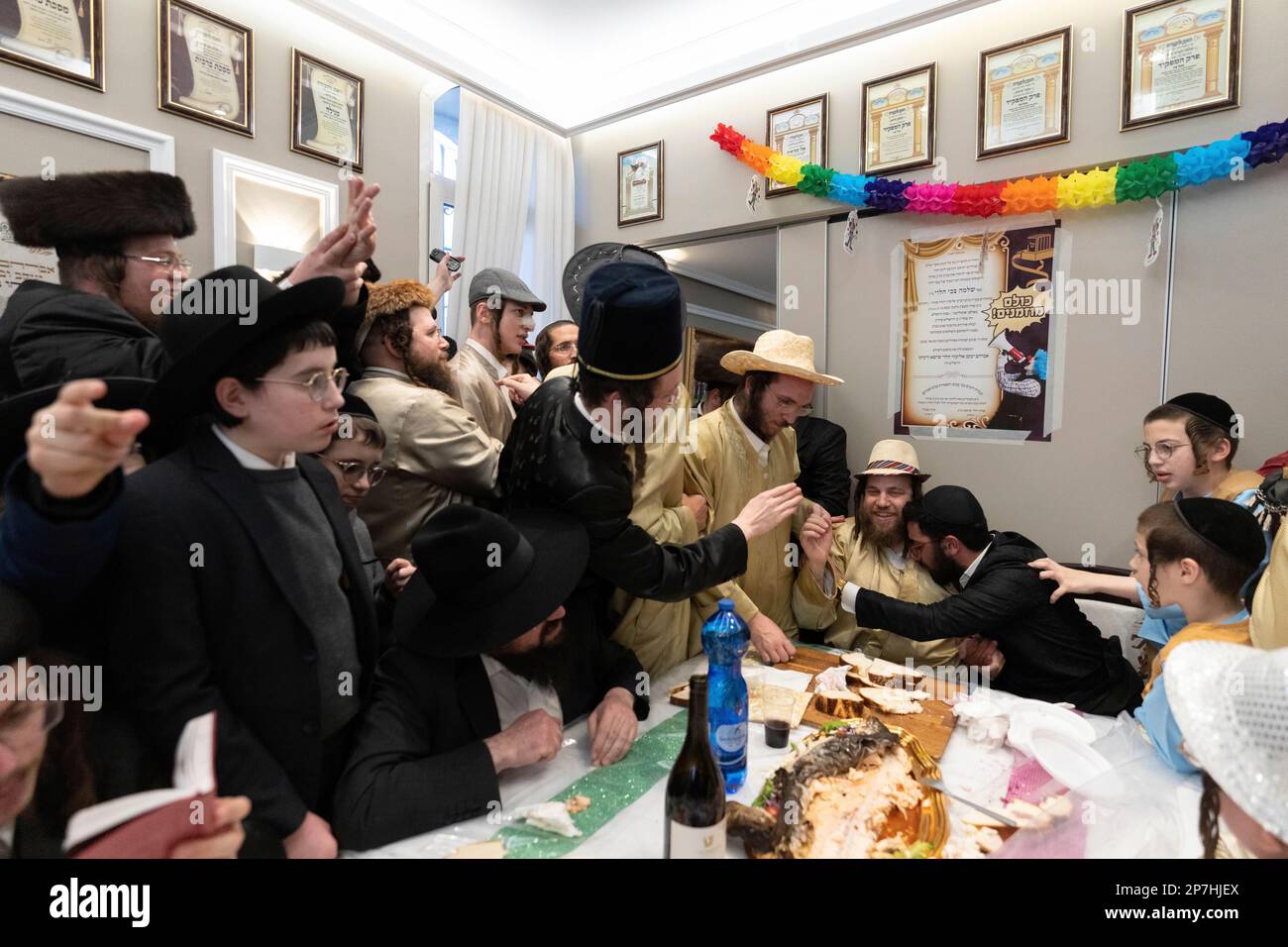 Ultra-Orthodox Jewish men and children some in costumes celebrate the ...