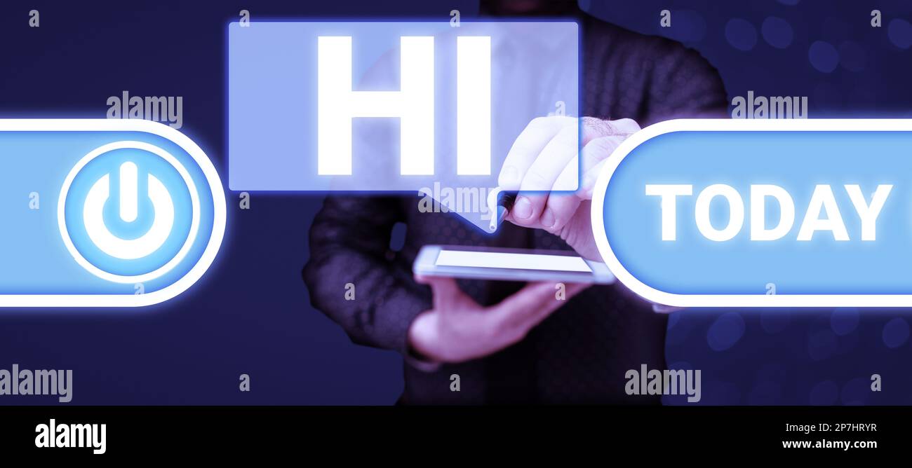 Hand writing sign Hi, Business idea used as a greeting or to begin a ...