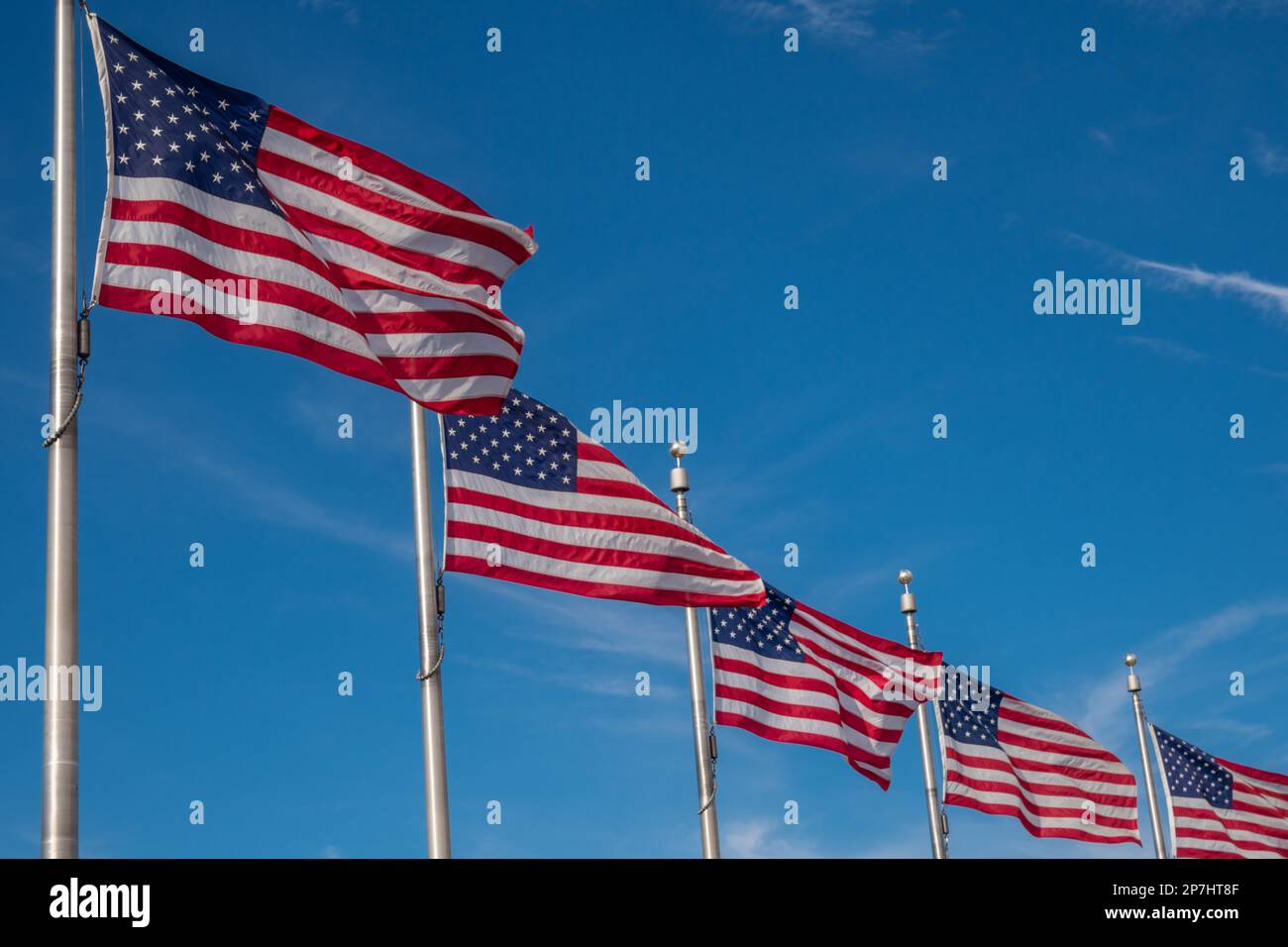 Row of American flags blowing in the wind with bright blue sky and copy ...