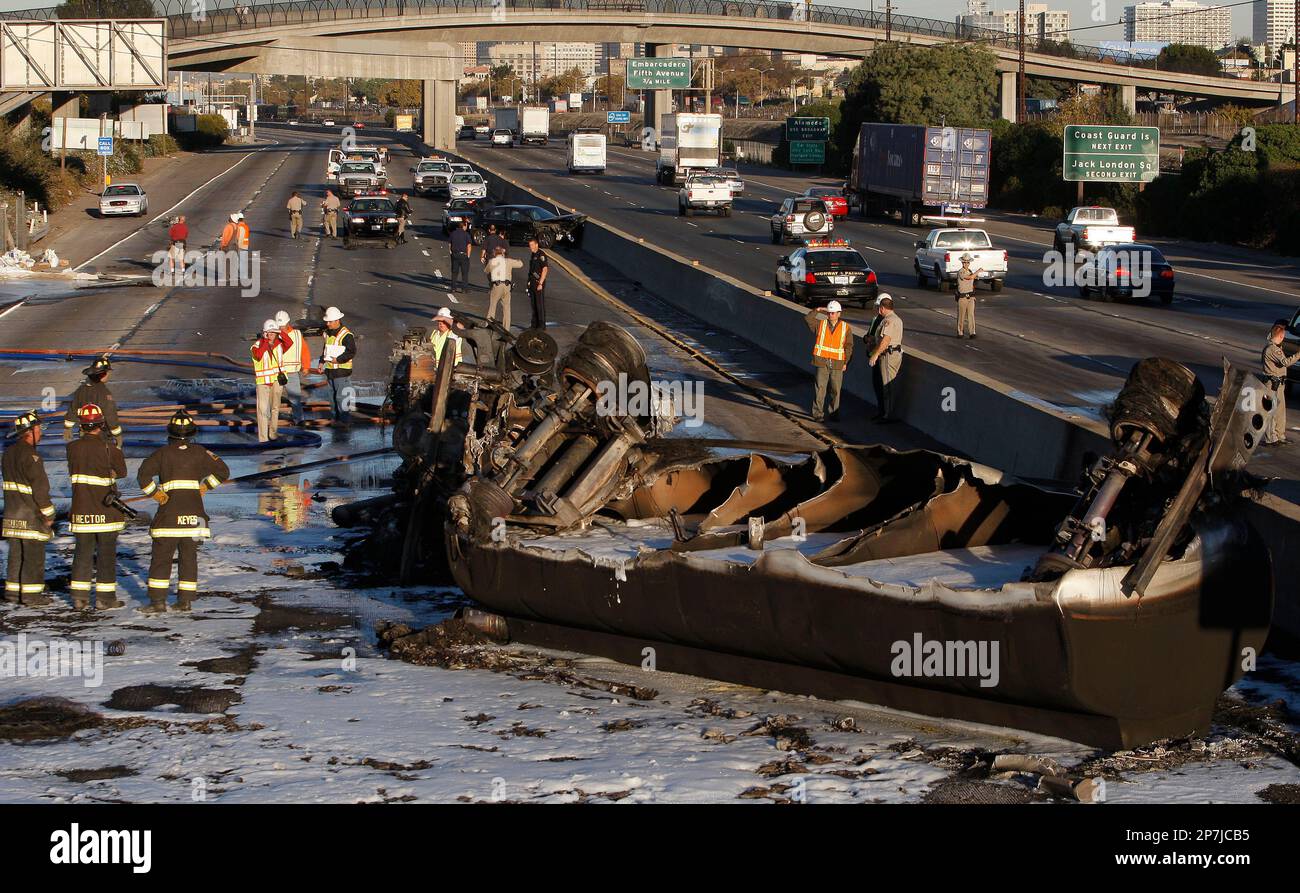 The shell of a gasoline tanker that exploded early this morning in ...