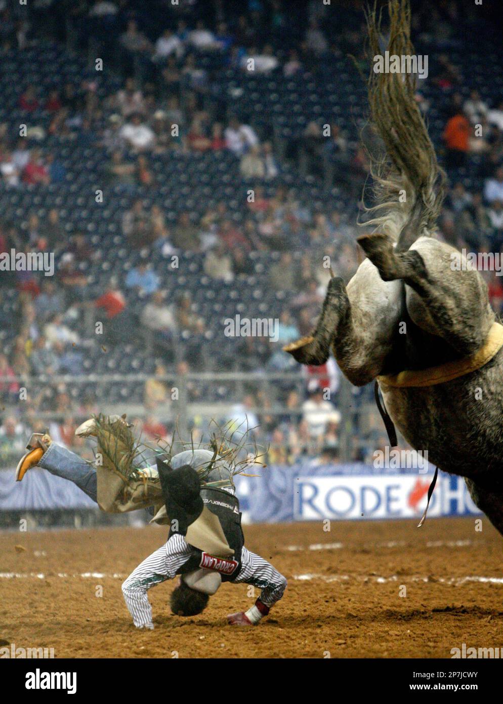 Dustin Murray jumps off of Vitalix Brenda after his ride during the ...