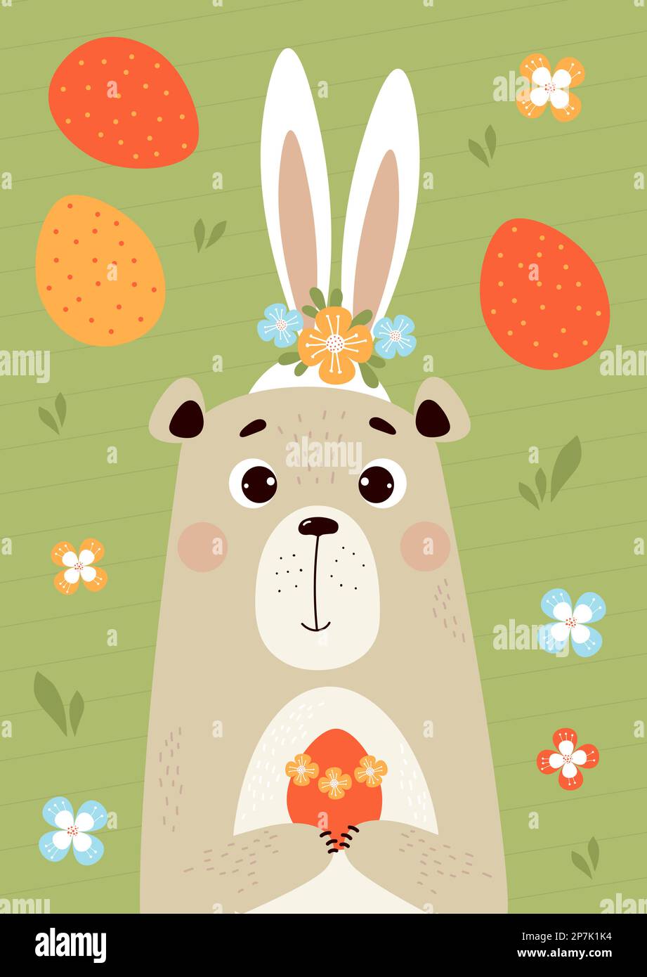 Cute Easter bear with bunny ears, with flowers and Easter eggs. Vector ...