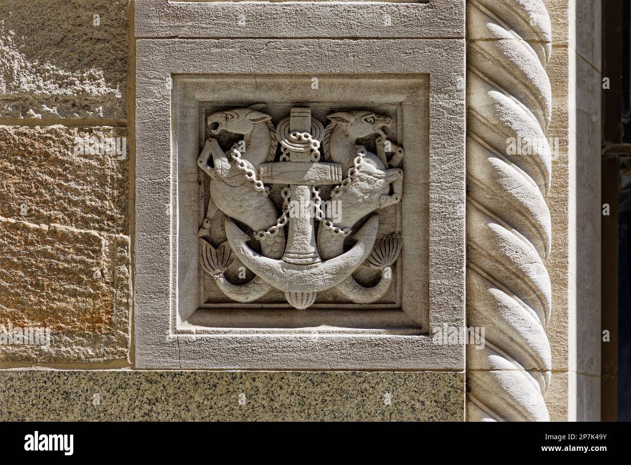 Detail, carved stone block from arched entry to Seaman’s Bank for ...