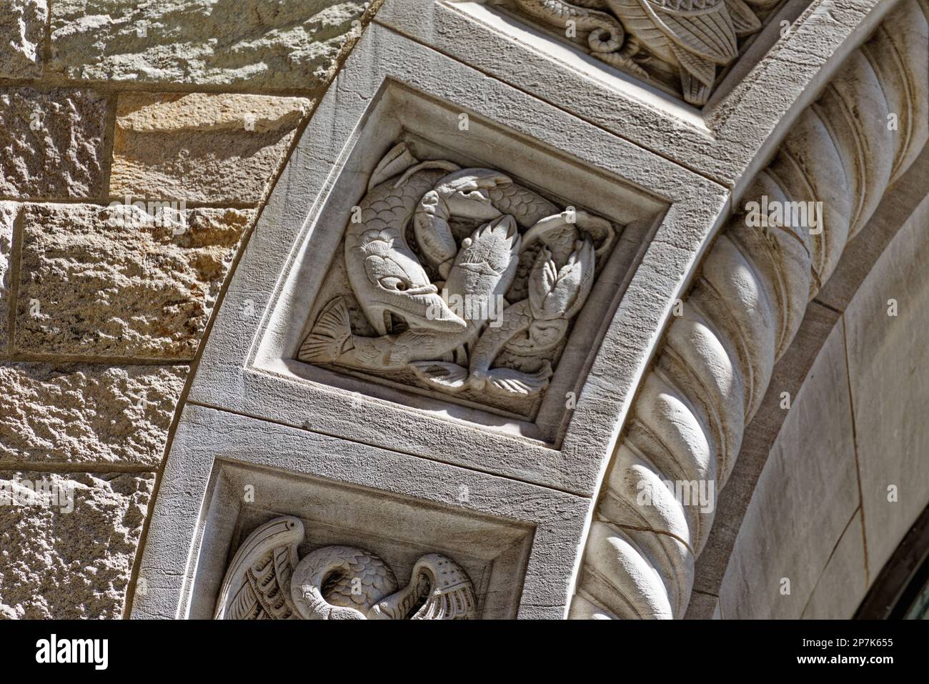Detail, carved stone block from arched entry to Seaman’s Bank for ...