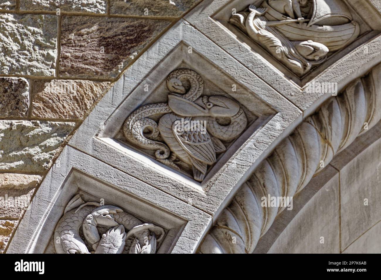 Detail, carved stone block from arched entry to Seaman’s Bank for ...
