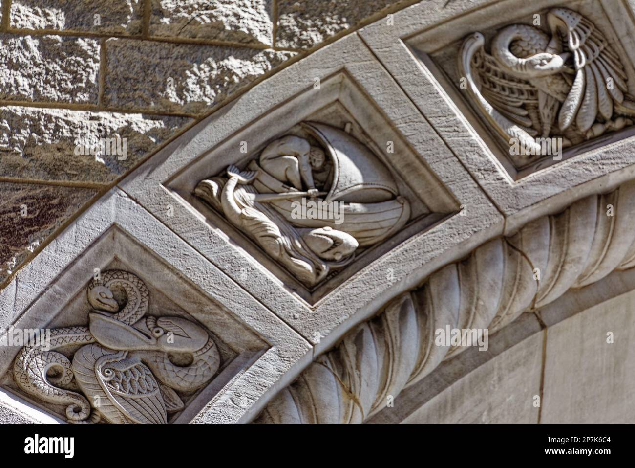 Detail, carved stone block from arched entry to Seaman’s Bank for ...