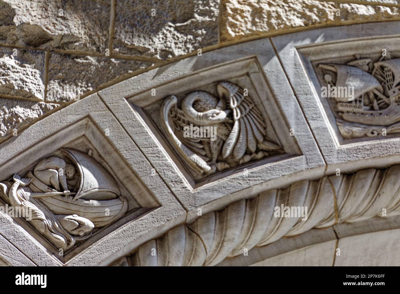 Detail, carved stone block from arched entry to Seaman’s Bank for ...