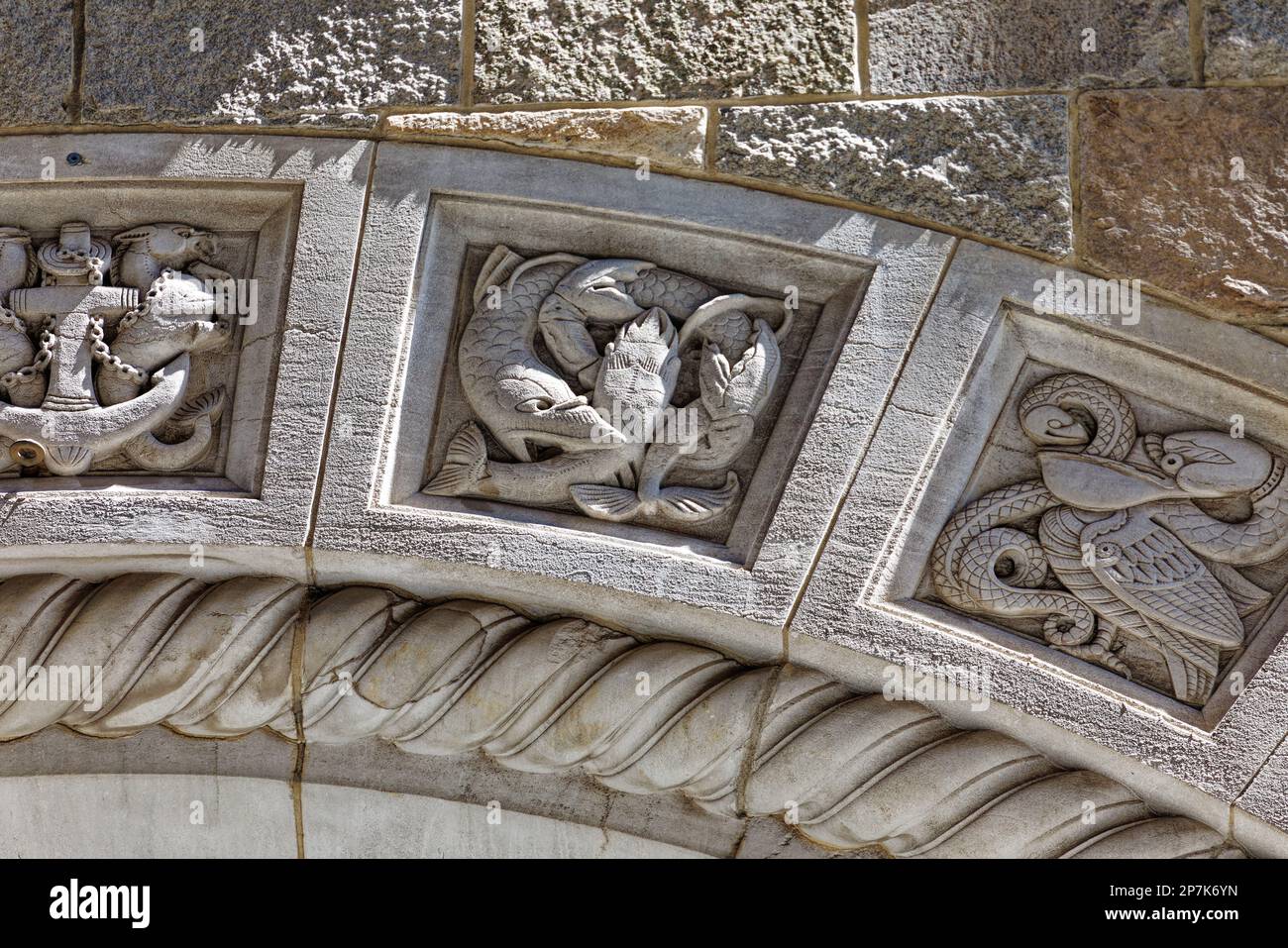 Detail, carved stone block from arched entry to Seaman’s Bank for ...
