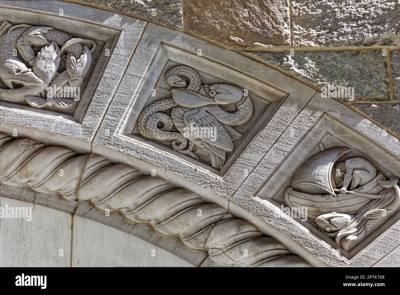 Detail, carved stone block from arched entry to Seaman’s Bank for ...
