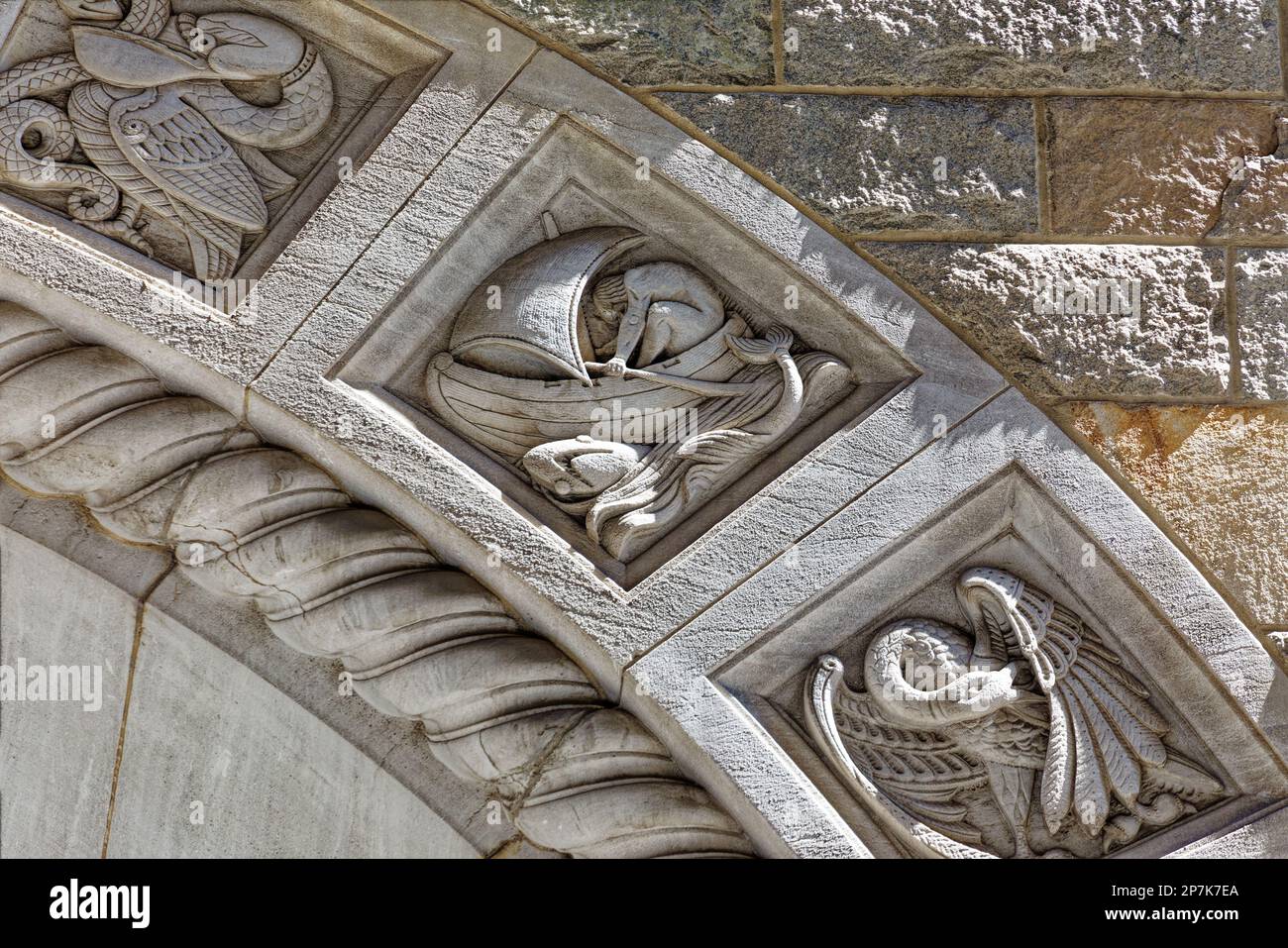 Detail, carved stone block from arched entry to Seaman’s Bank for ...