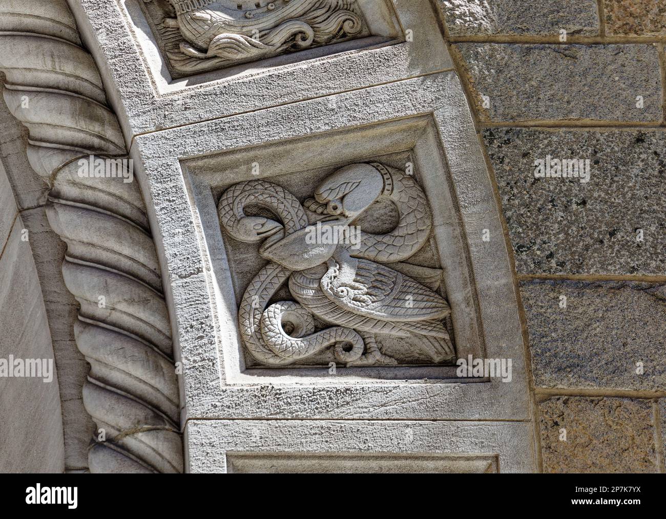 Detail, carved stone block from arched entry to Seaman’s Bank for ...