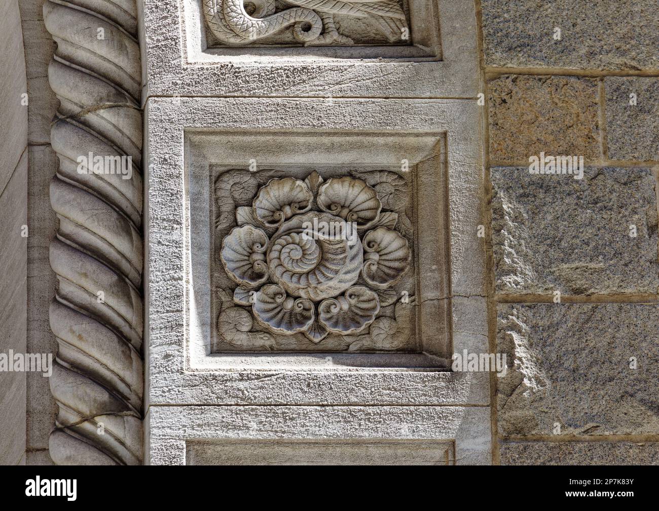 Detail, carved stone block from arched entry to Seaman’s Bank for ...