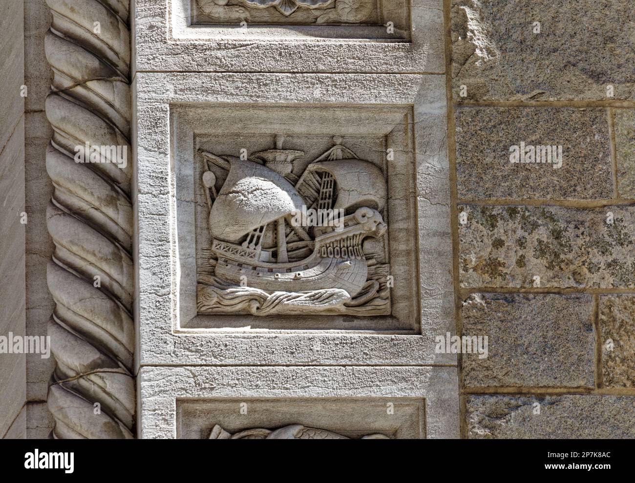 Detail, carved stone block from arched entry to Seaman’s Bank for ...