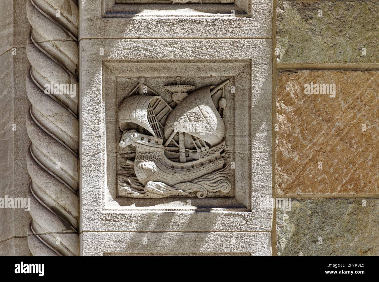 Detail, carved stone block from arched entry to Seaman’s Bank for ...