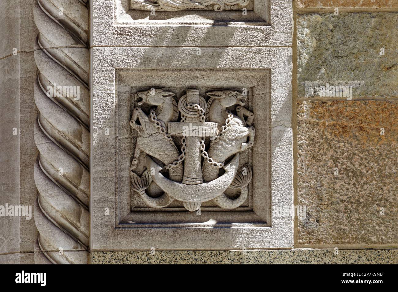 Detail, carved stone block from arched entry to Seaman’s Bank for ...