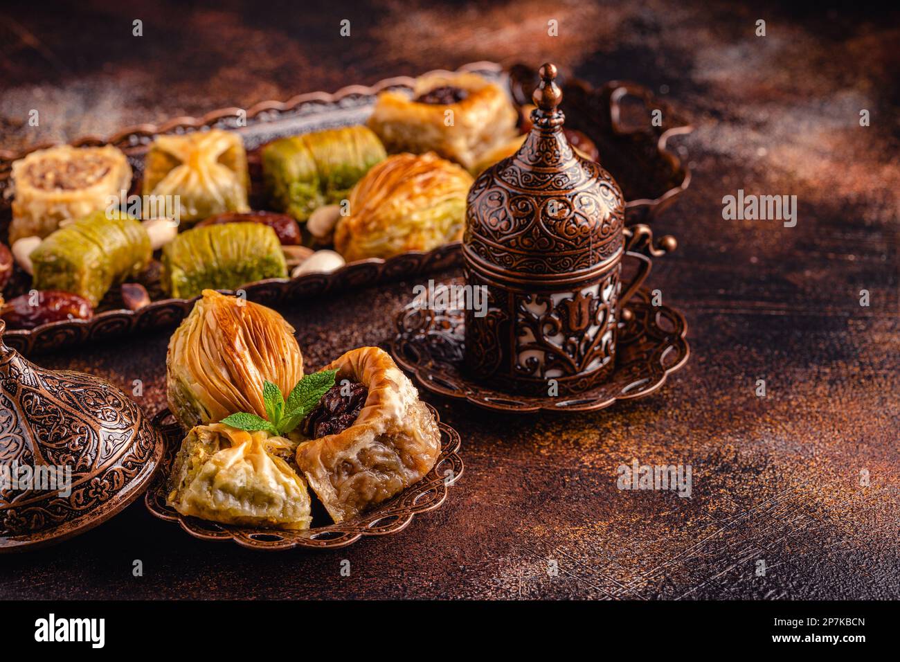 Traditional turkish, arabic sweets baklava with Turkish coffee Stock ...