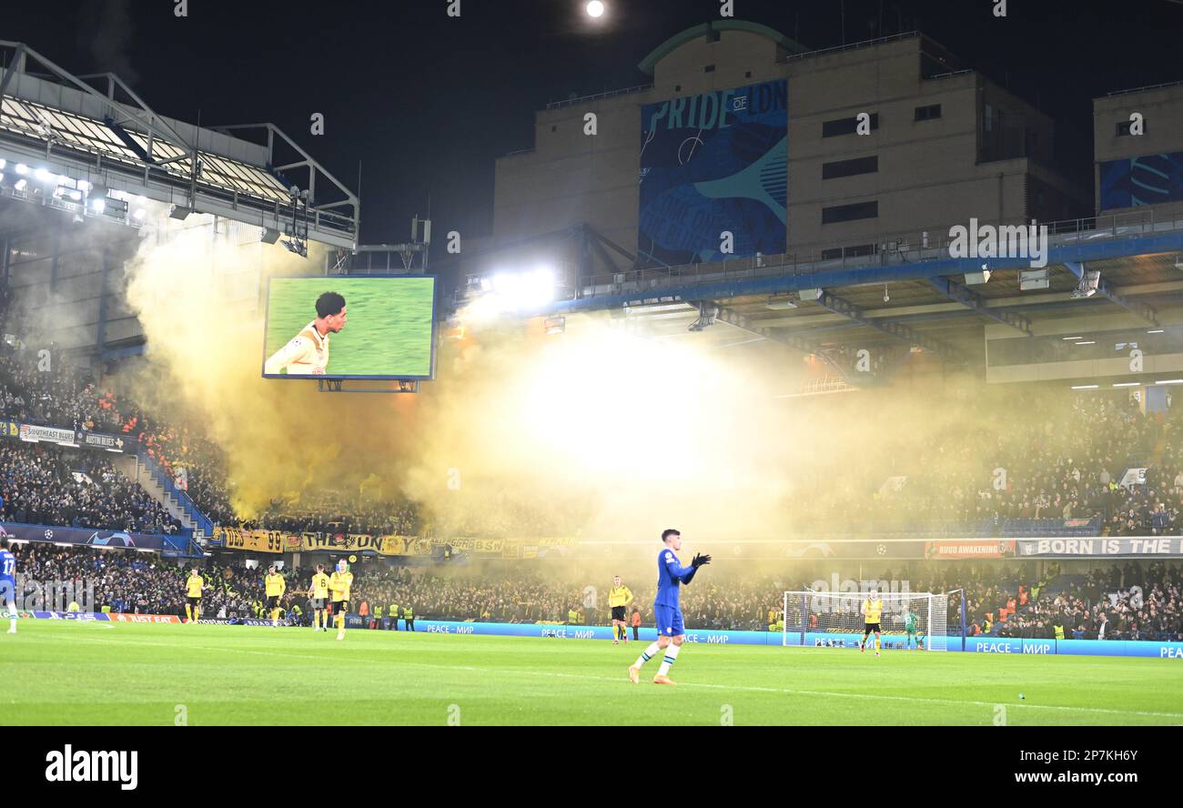 England, London, 07 March 2023 - Ultras fans of Borussia Dortmund set ...