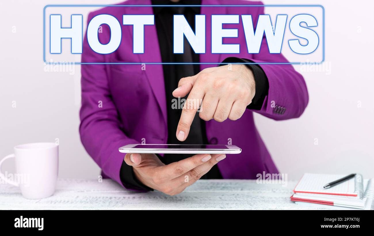 Hand writing sign Hot News. Business concept subject that experiences ...