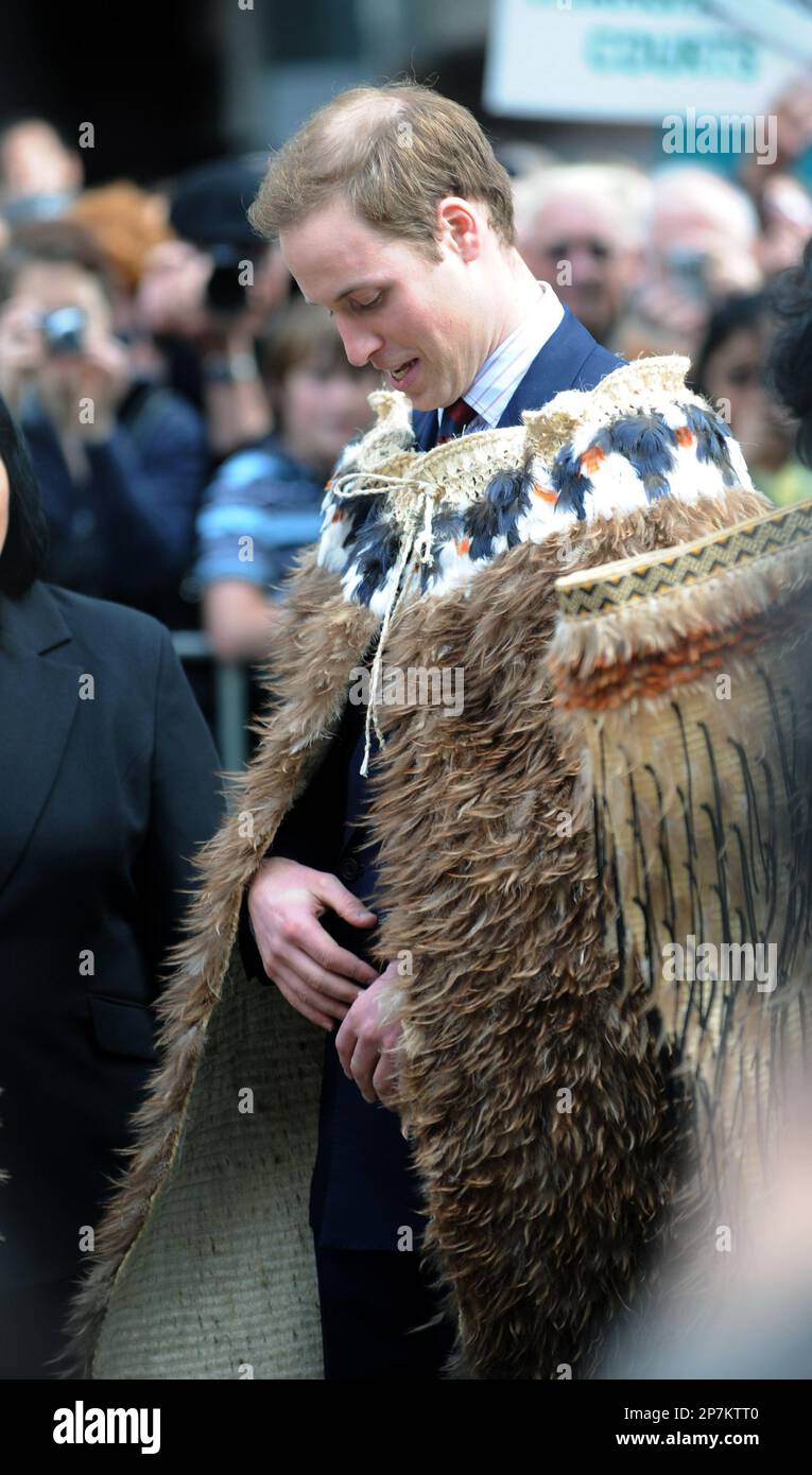 Britain's Prince William admires a Maori cloak upon his arrival to ...