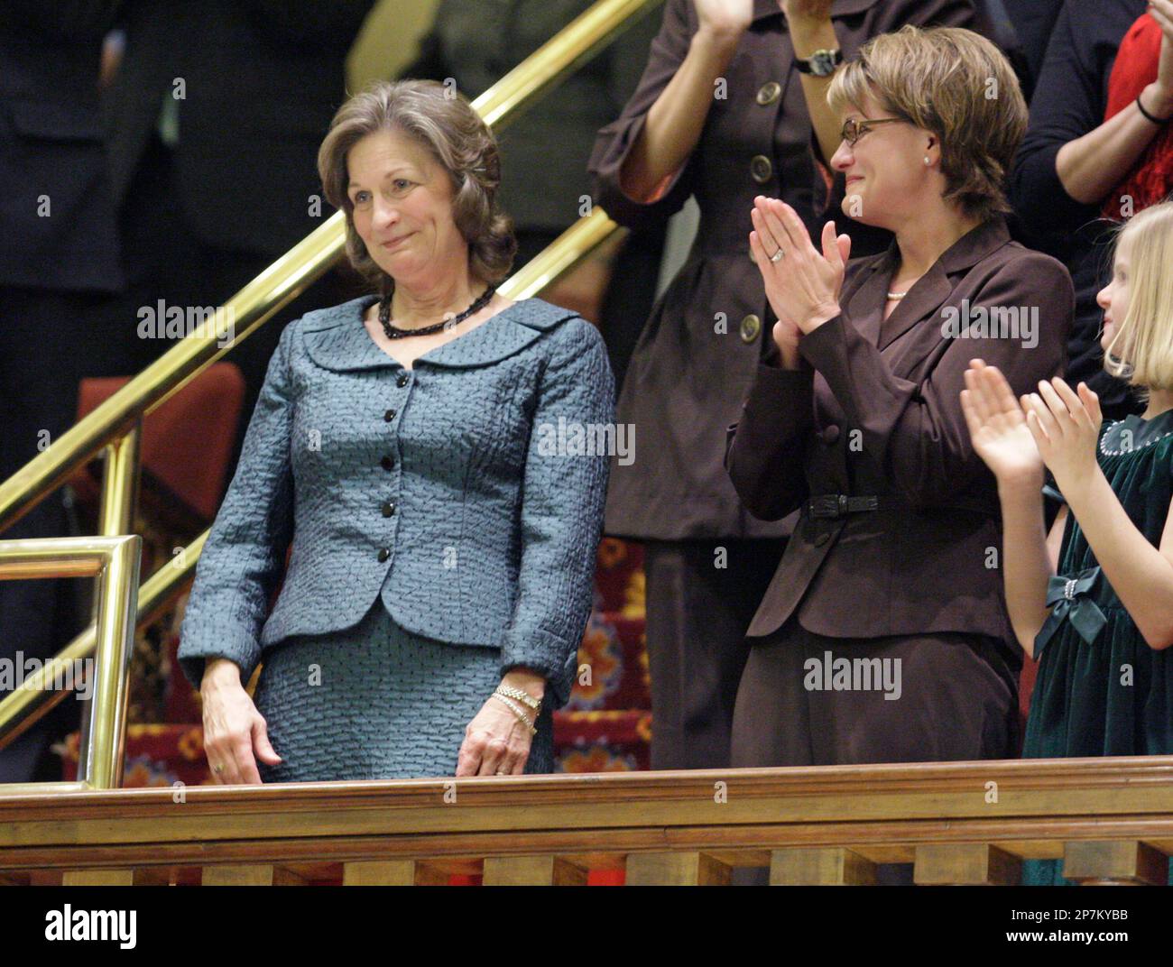 Georgia's first lady, Mary Perdue, left, receives a standing ovation as ...