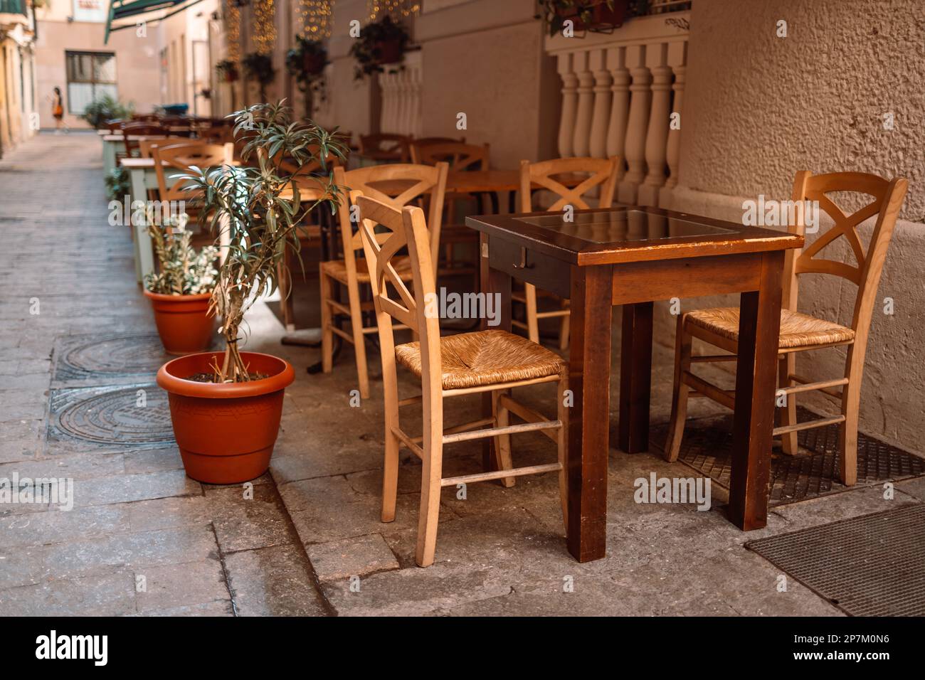 Stylish interior design of veranda, patio, city cafe with tropical ...