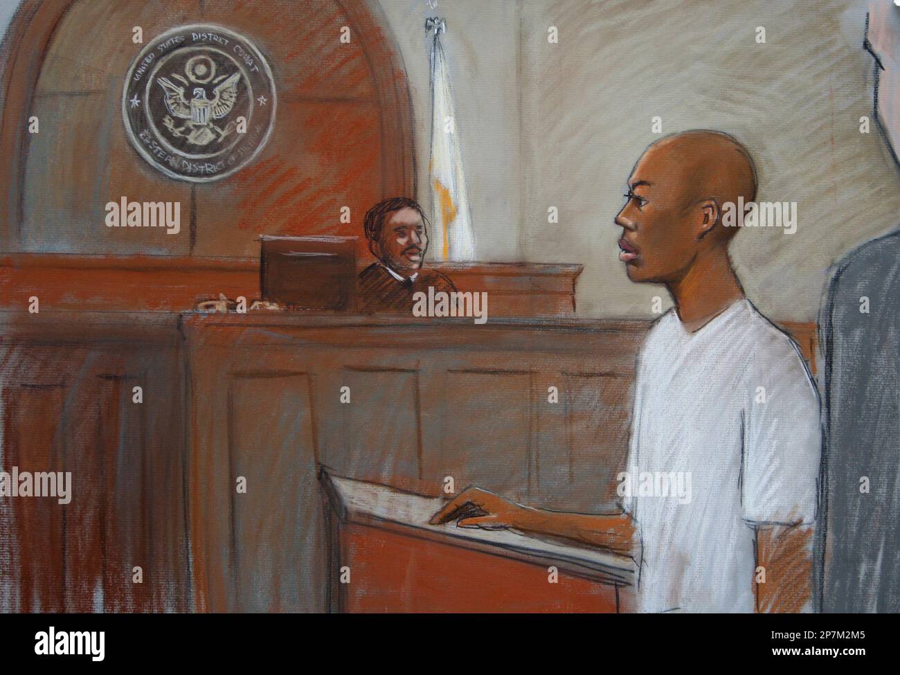 In this courtroom drawing, Umar Farouk Abdulmutallab, right, stands ...