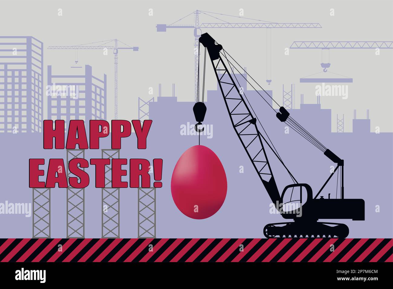 Postcard Happy Easter. A crane lifts a painted egg on the background of ...