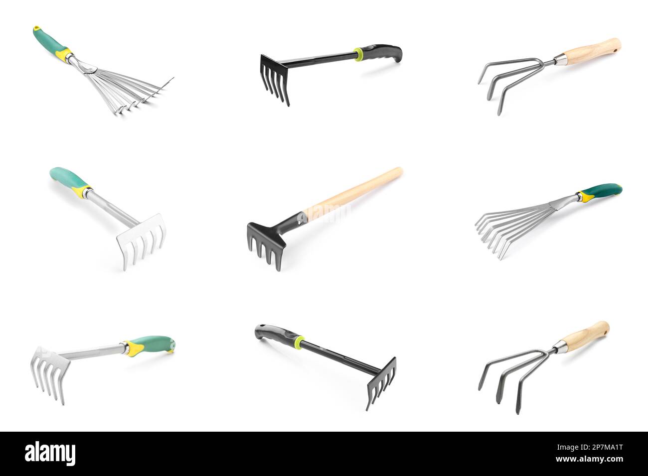 Set of gardening rakes on white background Stock Photo - Alamy