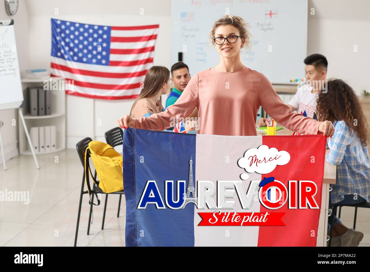 Female student with flag of France at language school. International ...