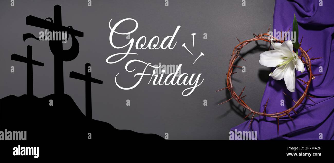 Crown of thorns with lily flower and crosses on dark background. Good ...