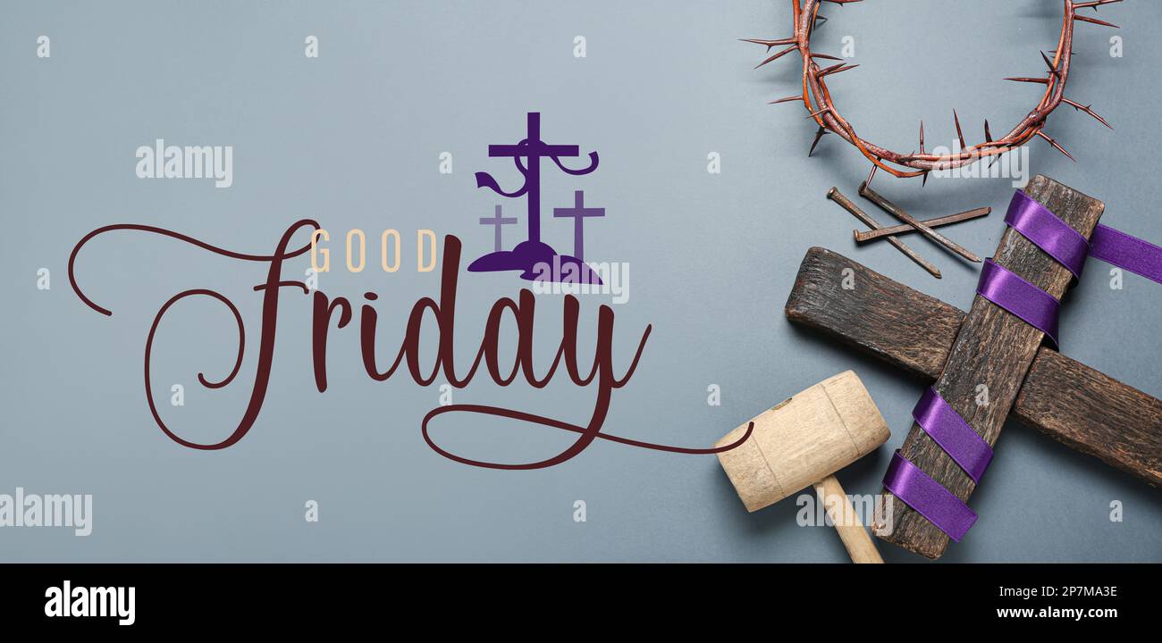 Crown of thorns, cross, mallet and nails on grey background. Good ...