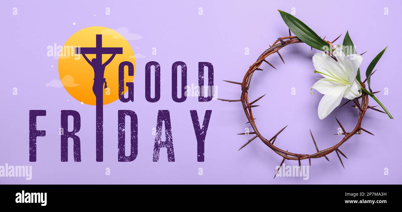 Crown of thorns and lily flower on lilac background. Good Friday ...