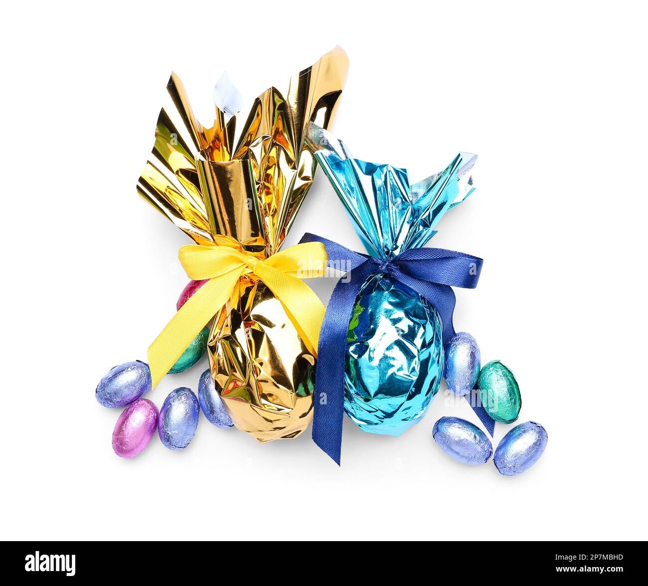 Chocolate Easter eggs wrapped in foil on white background Stock Photo ...