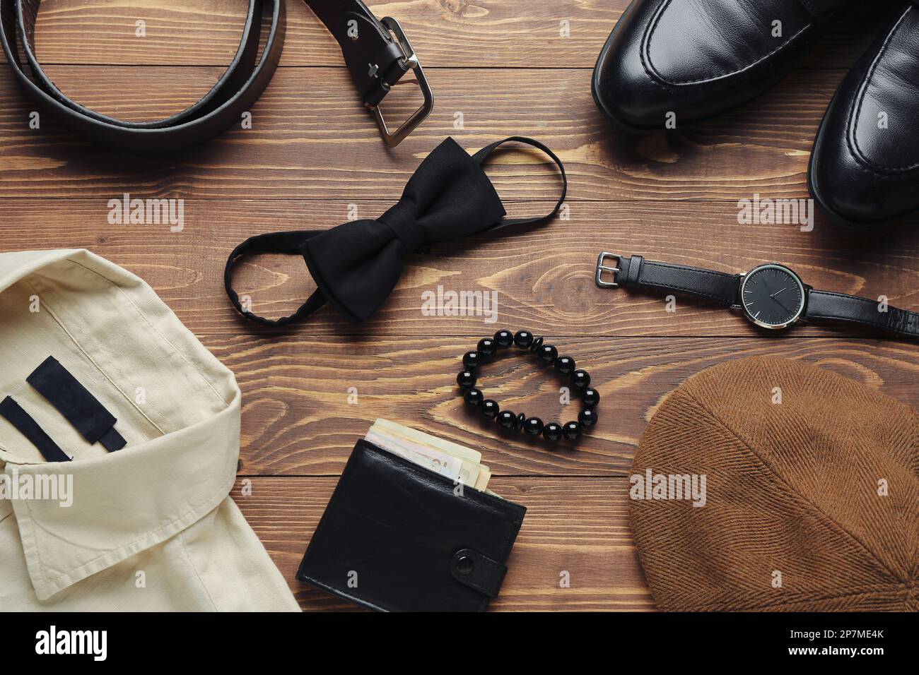 Composition with stylish male accessories on wooden background Stock ...