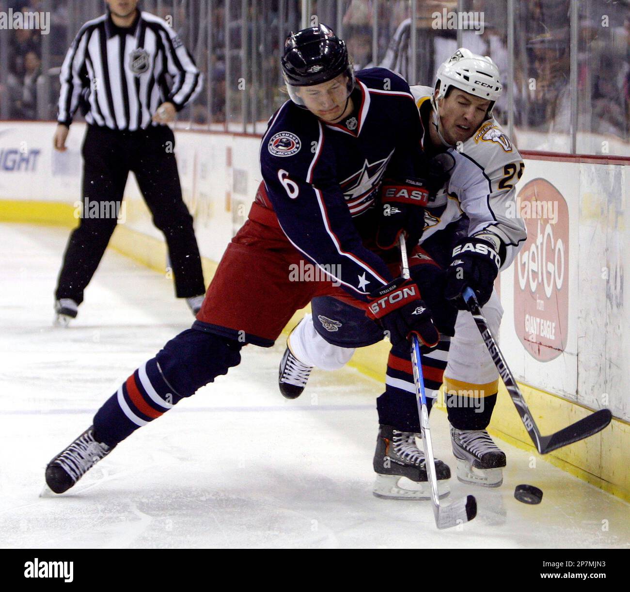 Columbus Blue Jackets' Anton Stralman, left, of Sweden, and Nashville ...