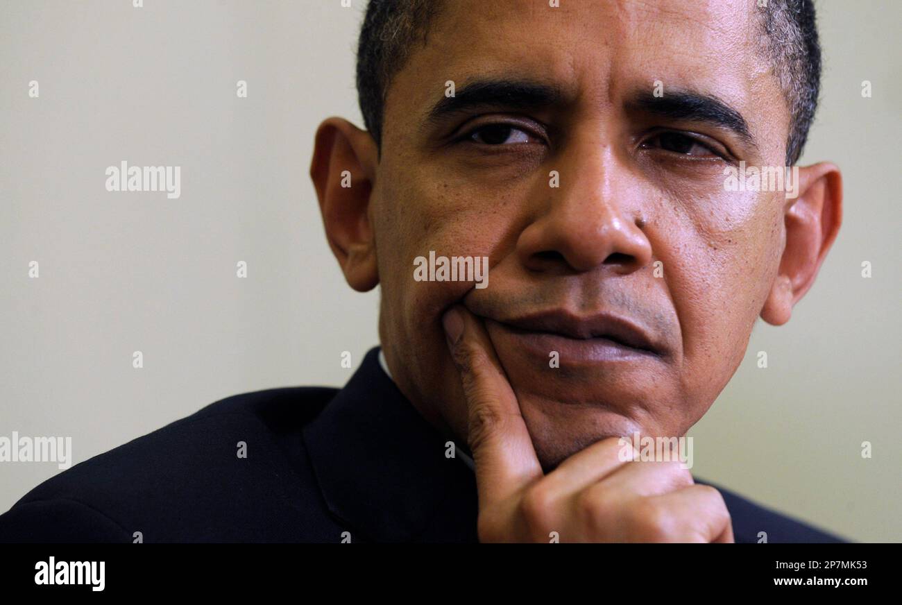 President Barack Obama listens as Lebanese President Michel Sleiman ...