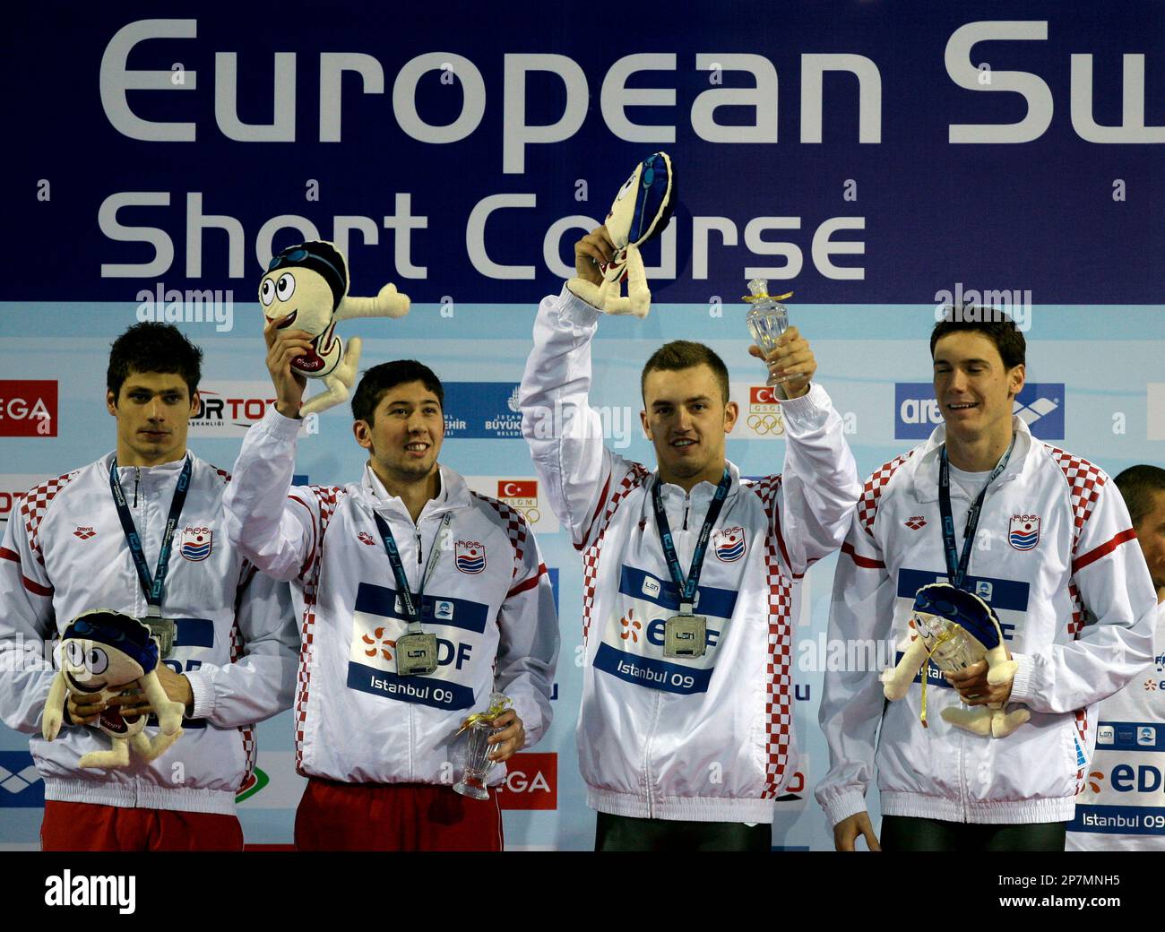 Croatia's relay team members, from left, Mario Delac, Mario Todorovic ...