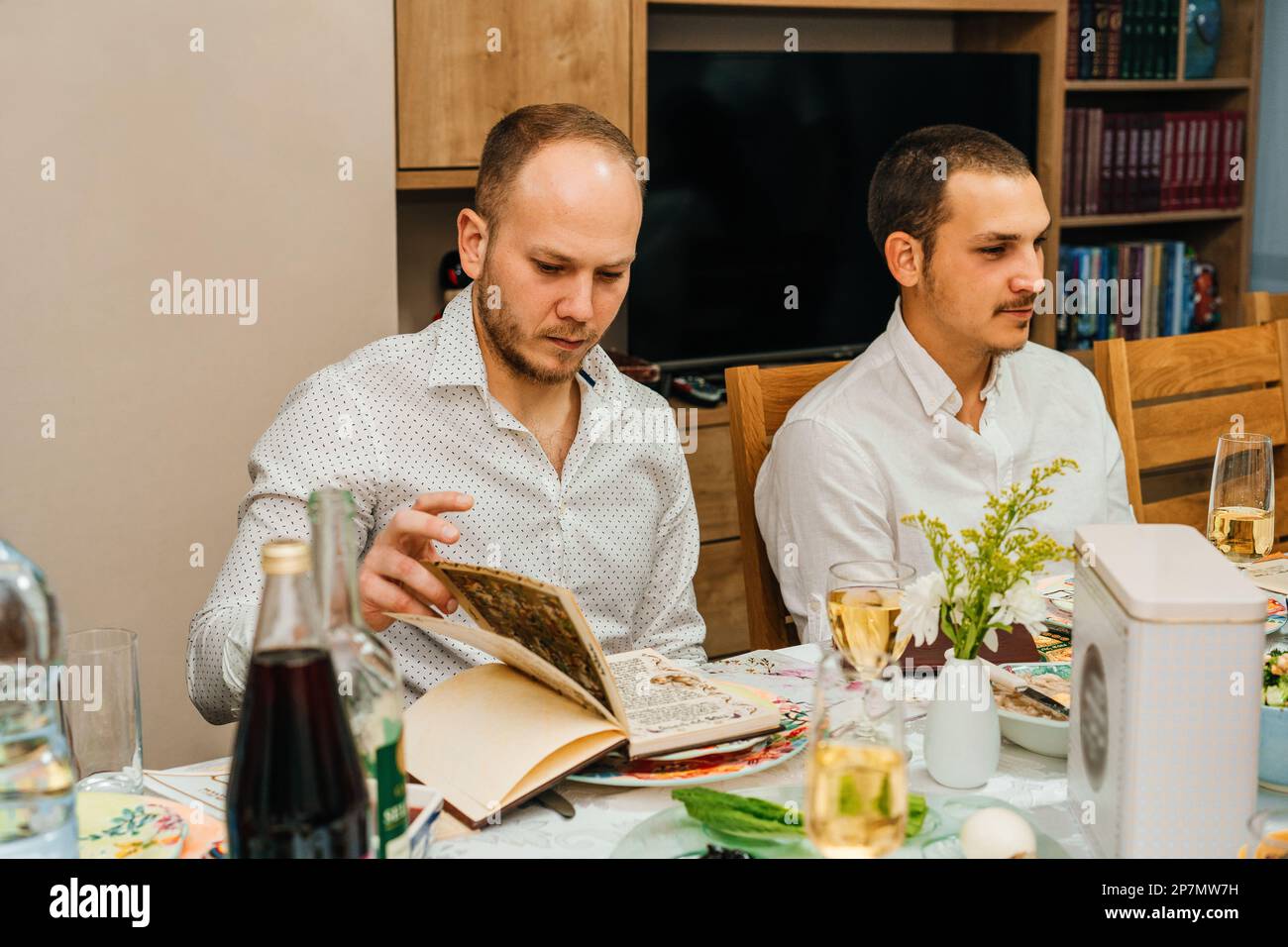 Passover Seder.Two Men Celebrate Passover with Traditional Foods, and ...
