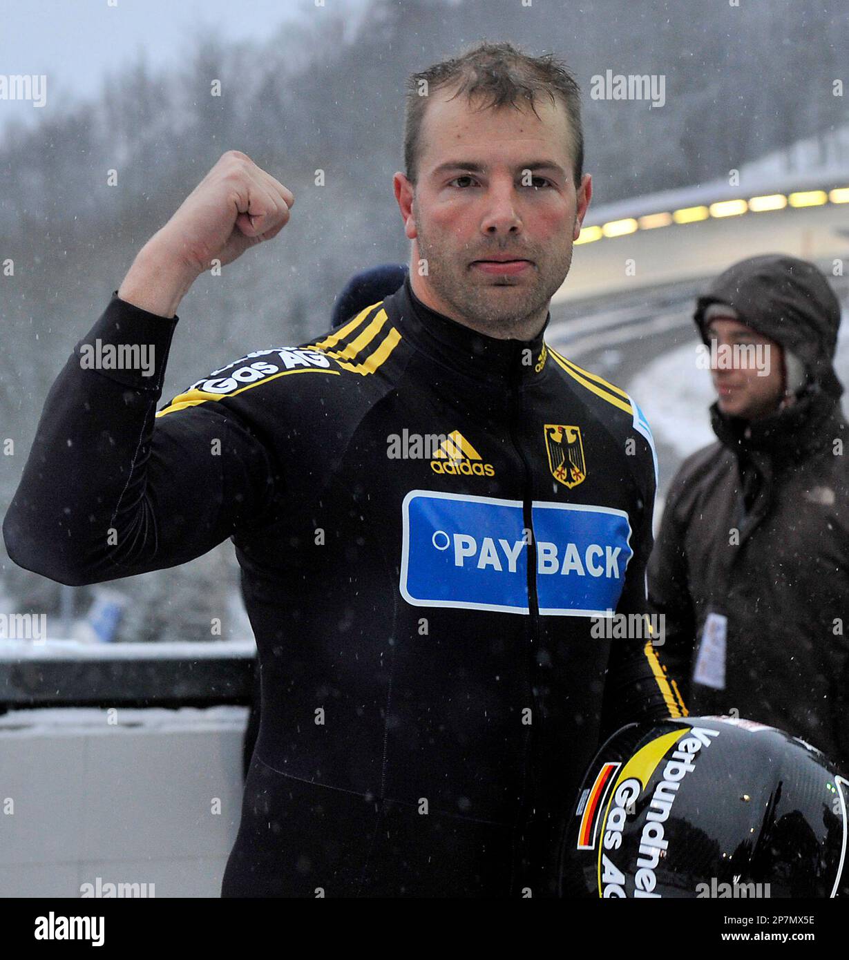 Germany's Andre Lange poses after his run during the FIBT Bob World Cup ...