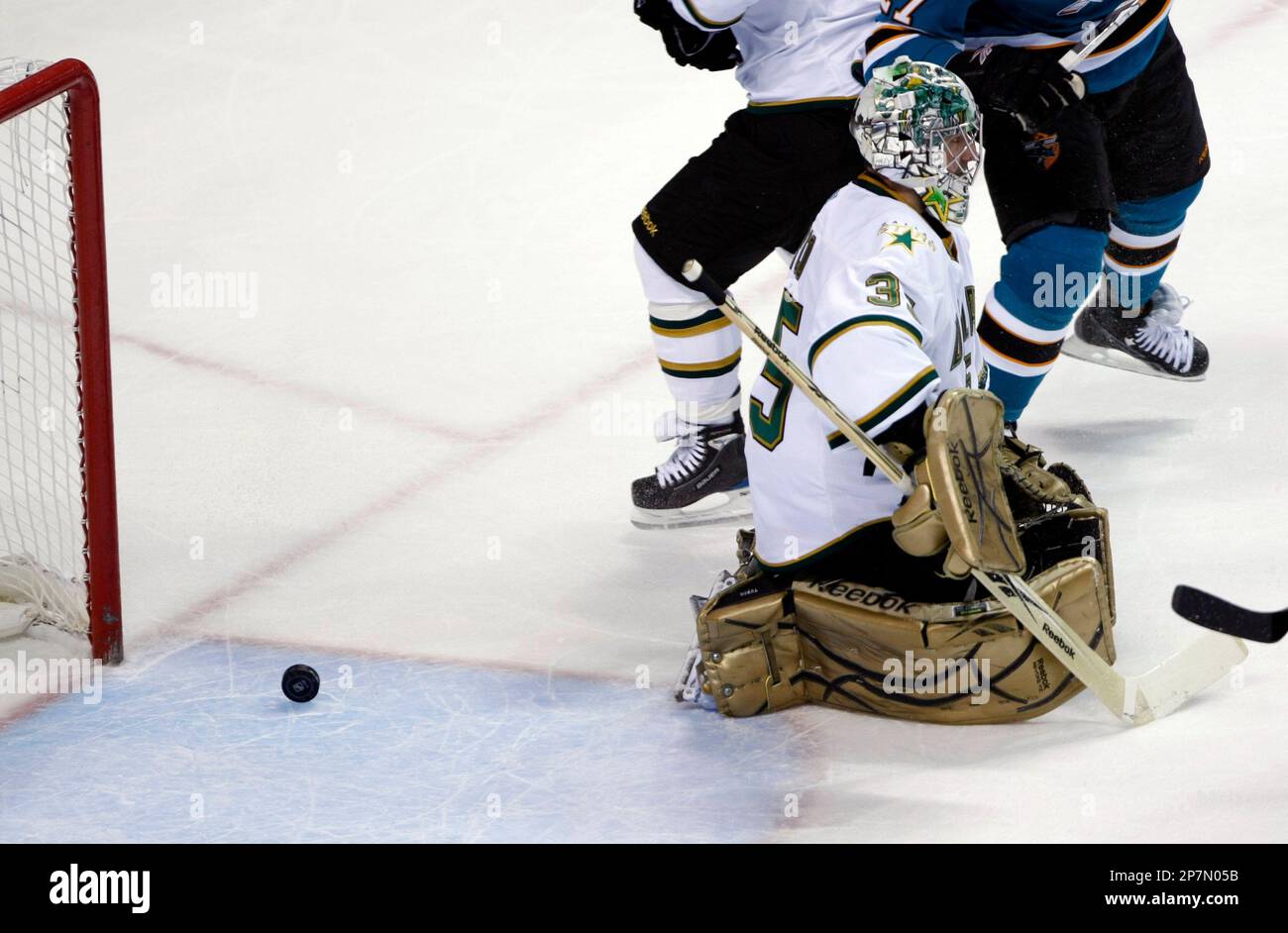 San Jose Sharks defenseman Rob Blake, not shown, scores past Dallas ...
