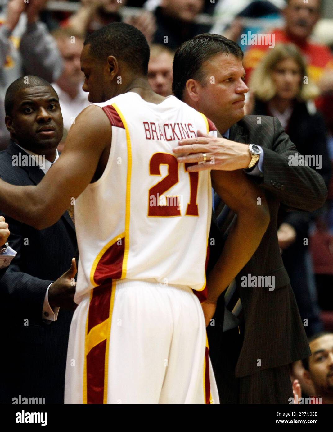 Iowa State coach Greg McDermott, right, greets Craig Brackins (21) at ...