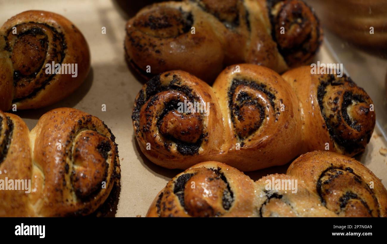 Rows of Warm Freshly Baked Bread Rolls on Display in Bakery Stand at ...
