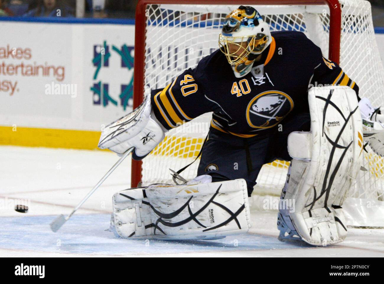 Buffalo Sabres goalie Patrick Lalime makes a save against the Chicago ...
