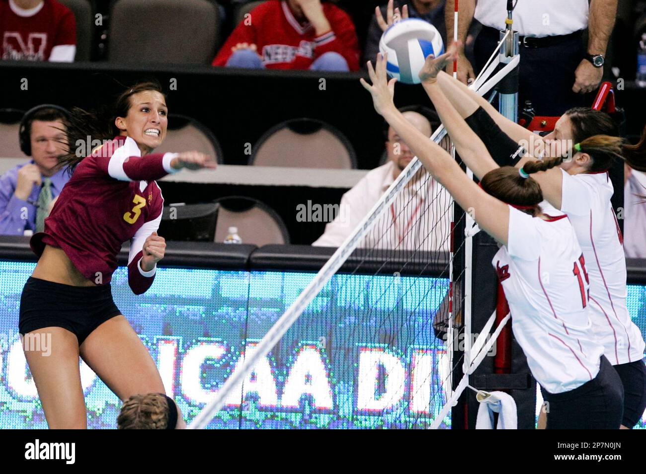 Iowa State's Rachel Hockaday, left, has a kill against Nebraska's Kori ...
