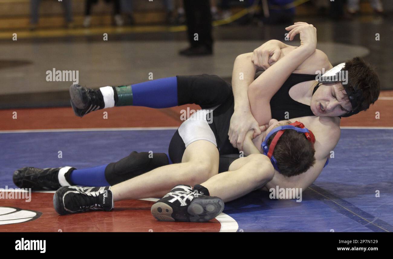 Nikiski's Josh Brown, top, grapples with Sitka's Jacob Licari during ...