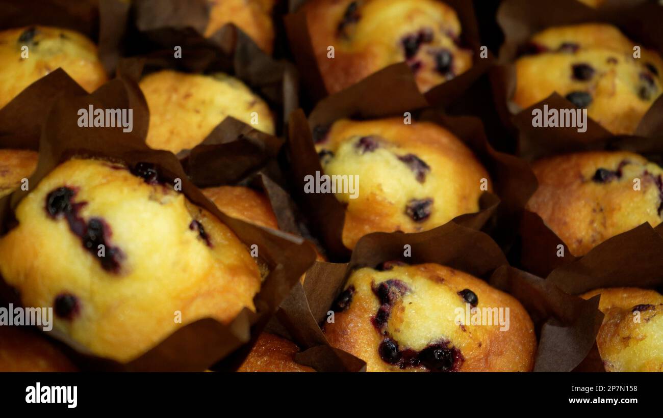 Freshly baked healthy muffins on the counter in the store. Shopping at ...