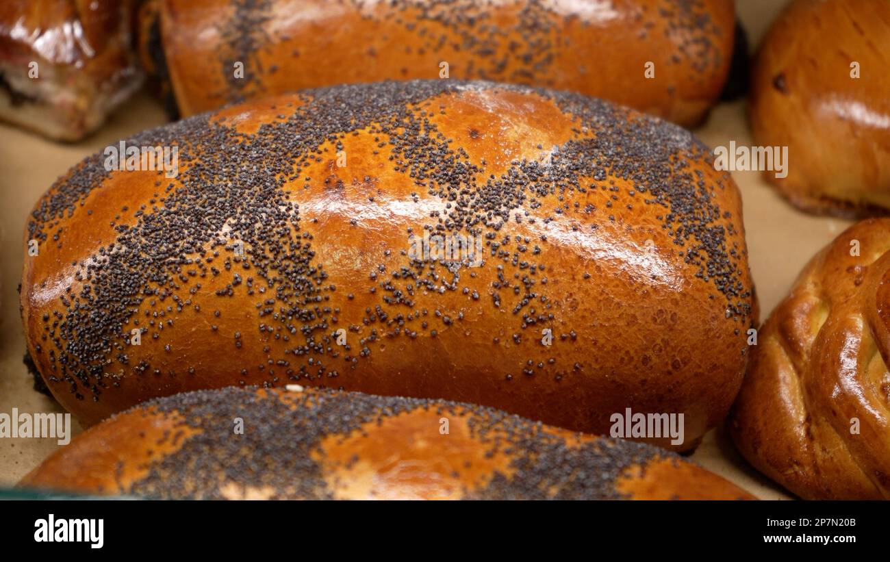 Rows of Warm Freshly Baked Bread Rolls on Display in Bakery Stand at ...