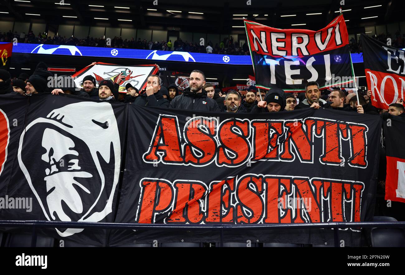 London, UK. 8th Mar, 2023. AC Milan Ultras display their flags before ...